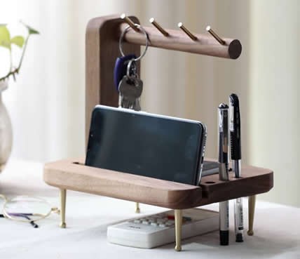 Black Walnut Wooden Key Rack Desk Organizer Pen Pencil Holder Phone ...